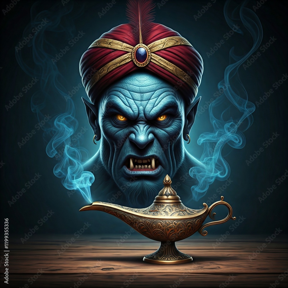 A menacing genie emerges from a golden oil lamp, his piercing eyes and ...