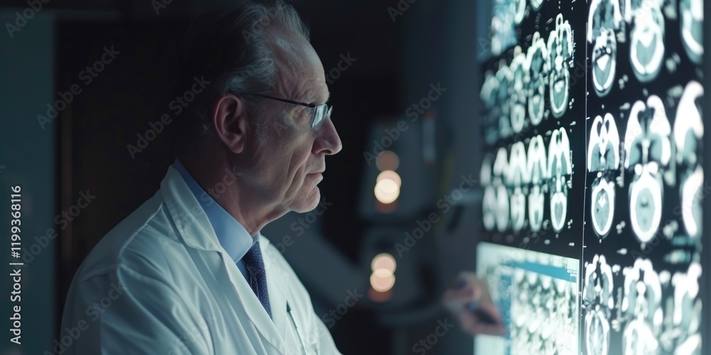 an elderly European male doctor in uniform studies an X-ray of the ...
