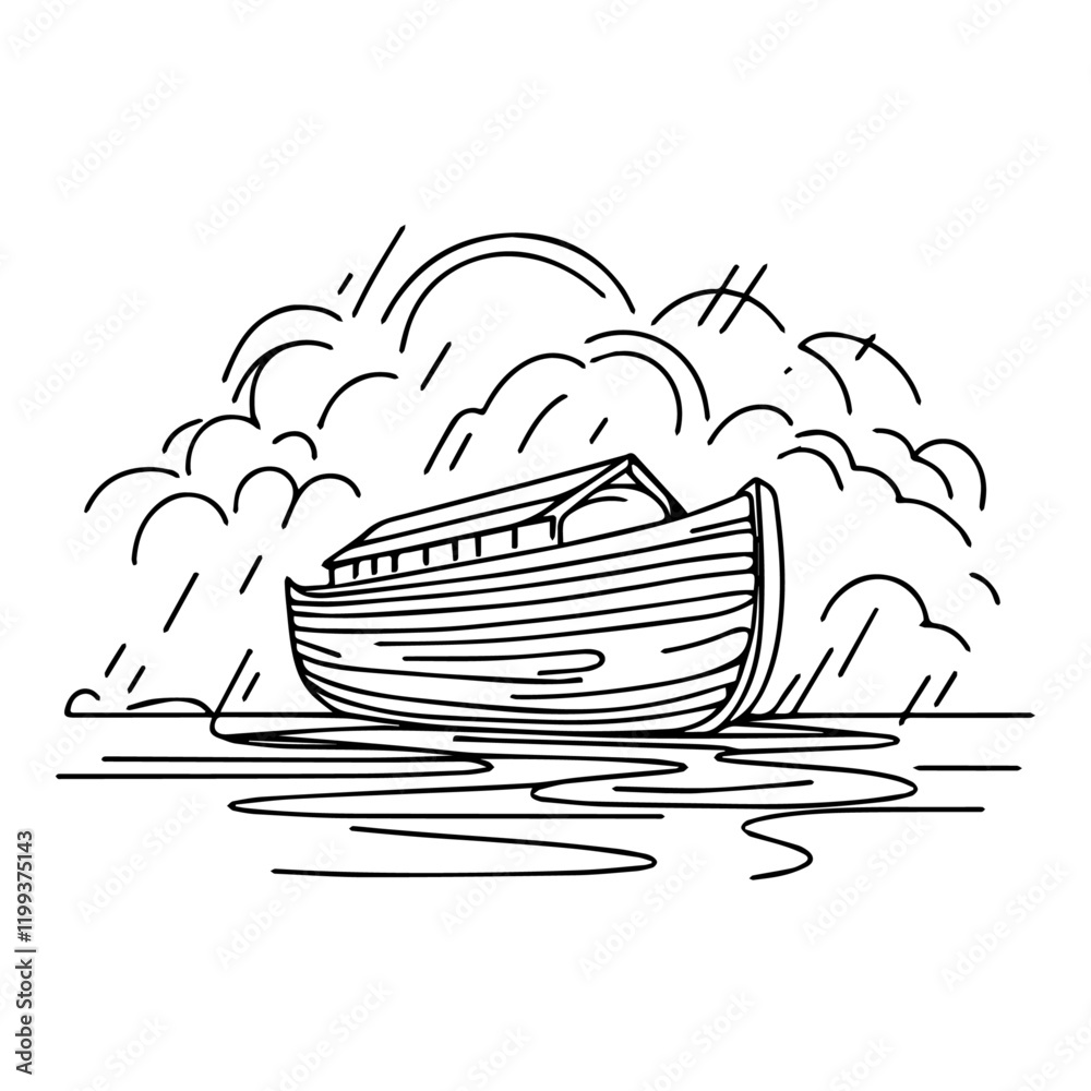 vector illustration of noah's ark on water with clouds in black and ...