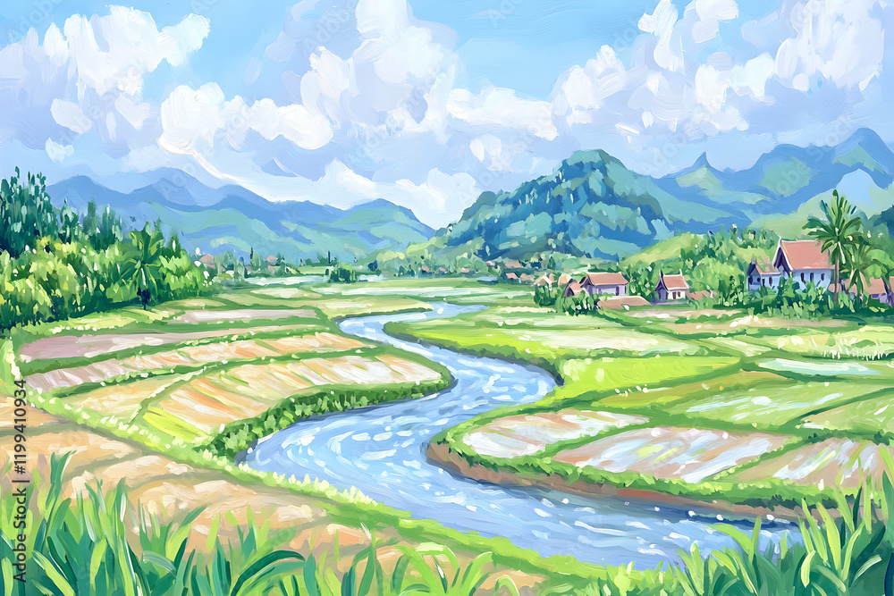 Serene Asian rice paddy landscape painting; meandering river, lush ...