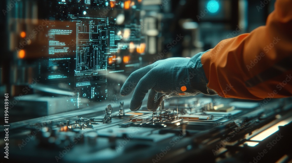 Ilustracja bez tantiem: An extreme closeup of the engineers gloved hand ...