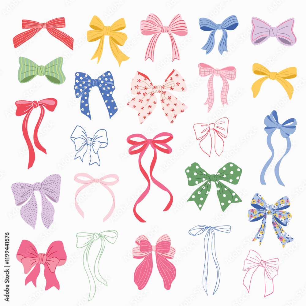 Colorful set of cute Bows and ribbons in Floral, stripes, checkered ...