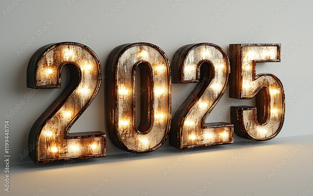 Illuminated 2025 sign, rustic wooden letters with lights. Stock ...