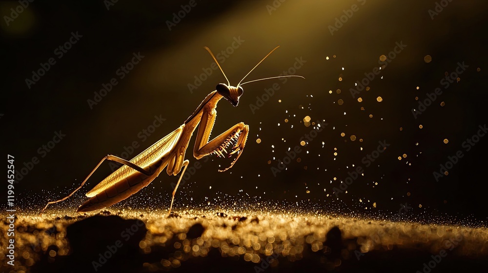 Praying mantis standing on soil with sunlight highlighting its body ...
