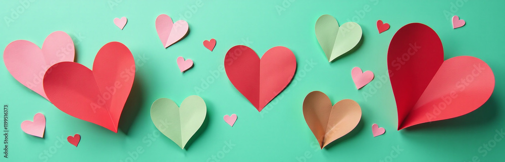 Recortes De Corazones De Papel De Colores Sobre Un Fondo Verde Suave Y ...