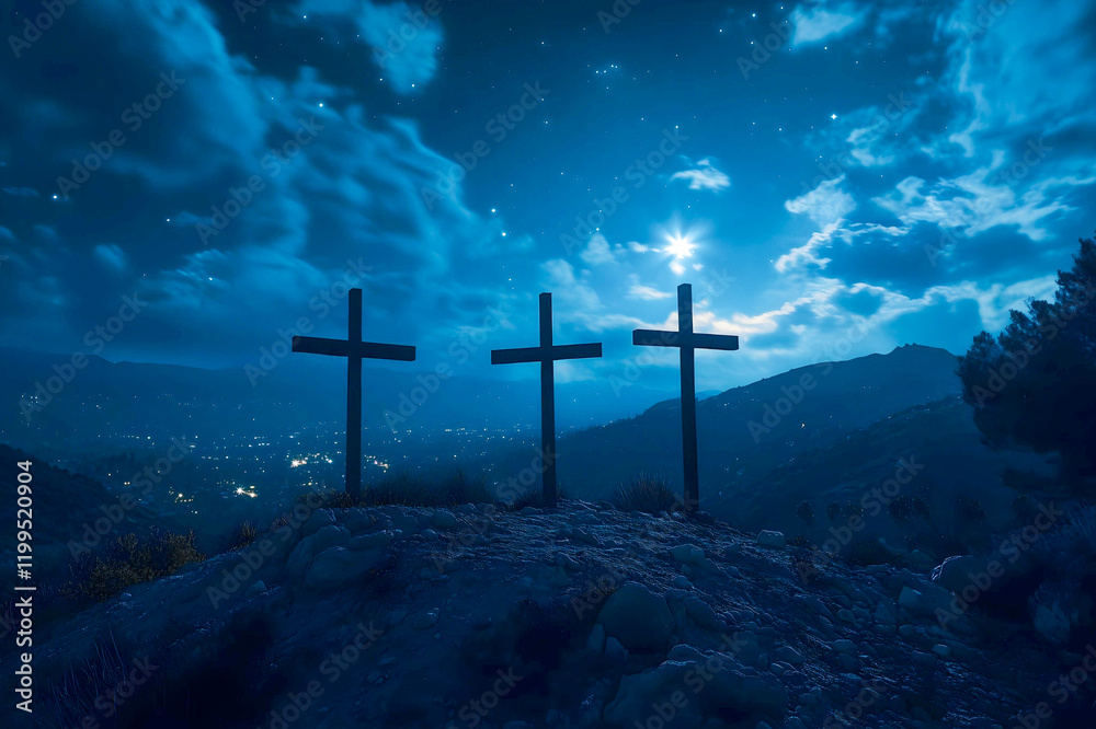 three crosses for crucifixion on the hill, night sky background Stock ...