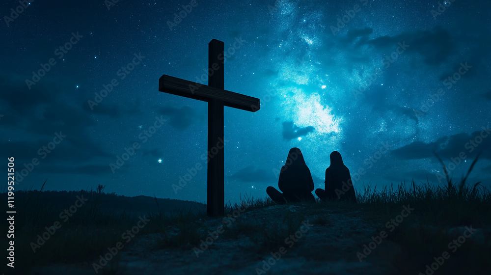 Women Praying Near Wooden Cross Under Starry Night Symbolizing Jesus ...