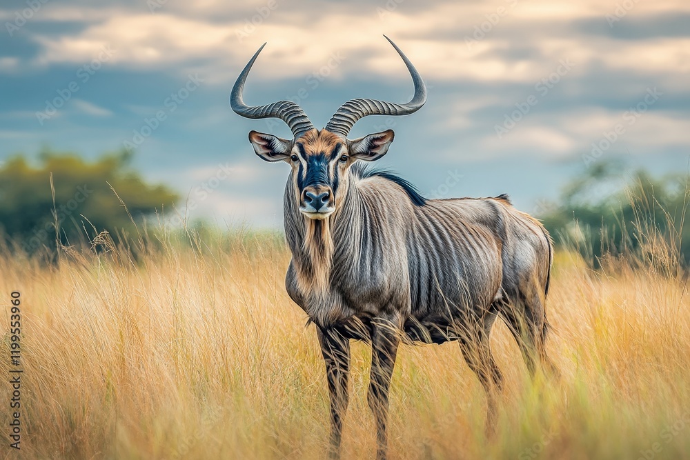 Majestic blue wildebeest with distinctive curved horns roam freely in ...