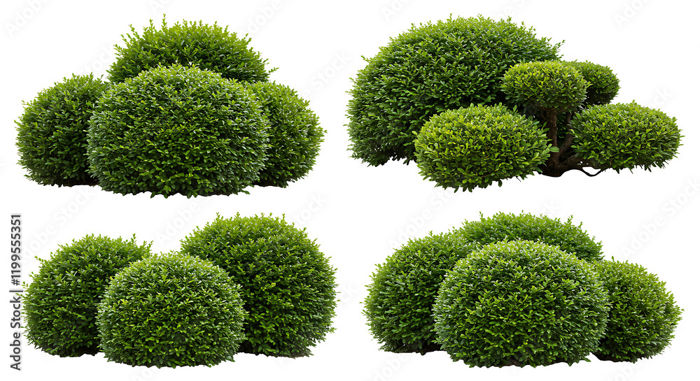 Collection of well-trimmed ornamental shrubs and topiary, including ...
