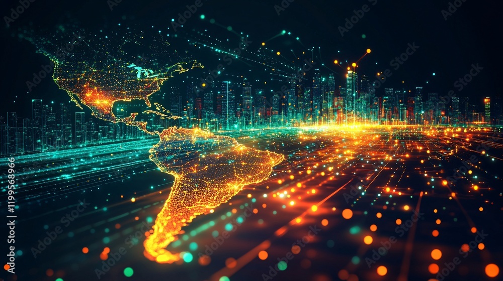 Foto de Stock Digital world map highlighting Latin America, with ...