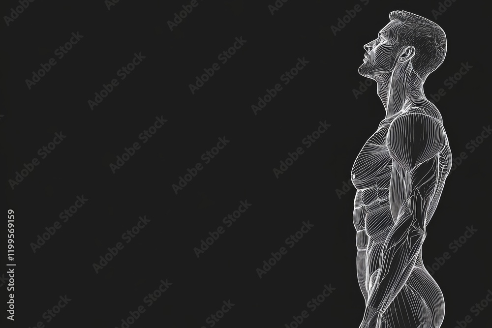 male torso body silhouette one line drawing white lines on black ...