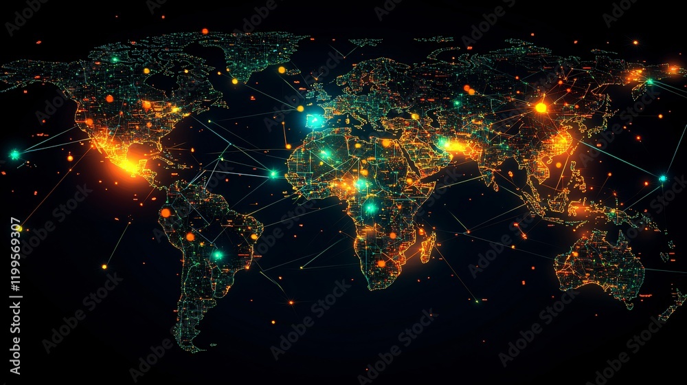 Illuminated world map showcasing Latin American cities connected by ...