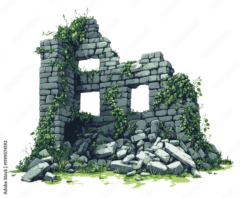 Stone Ruin Overgrown with Ivy: A digitally rendered image depicts the ...