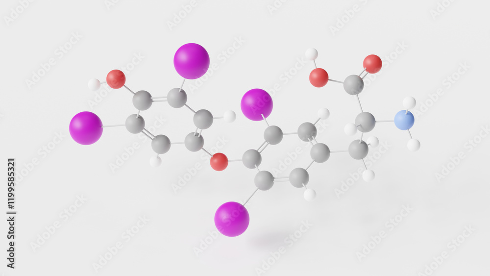 dextrothyroxine molecule 3d, molecular structure, ball and stick model ...
