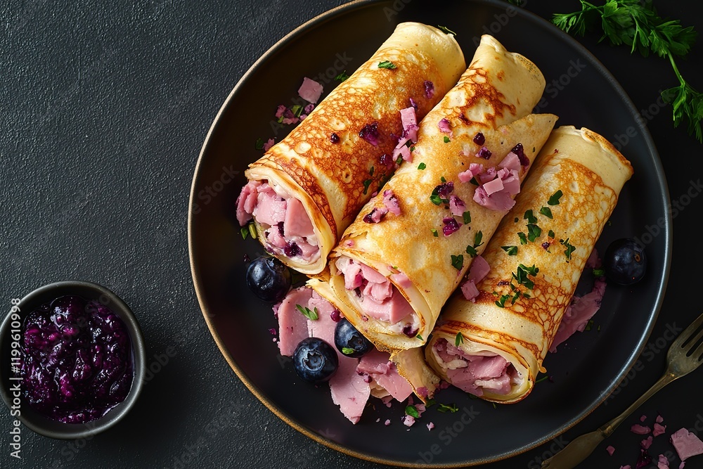 Soy crepes with blueberry cream cheese and ham on a plate, top view ...