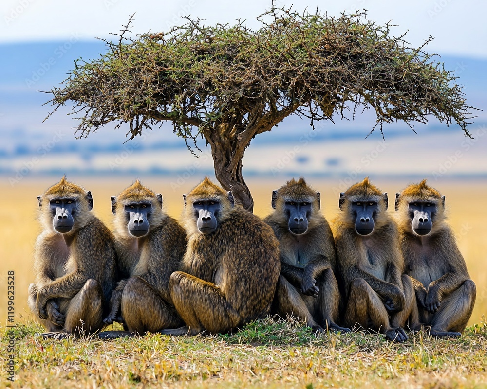 Six baboons sitting under a tree in the savanna. Stock Illustration ...