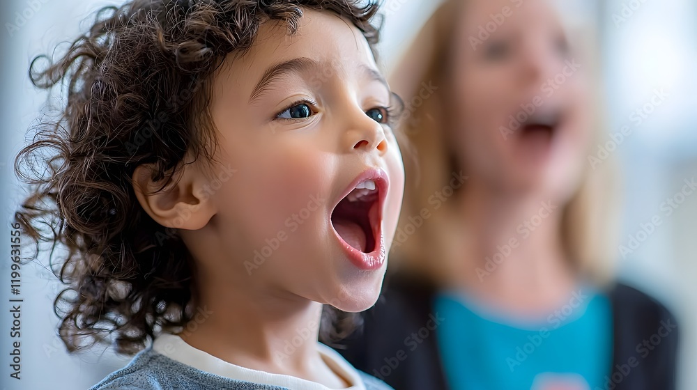Enthusiastic Child Singing with Open Mouth and Curly Hair Under the ...