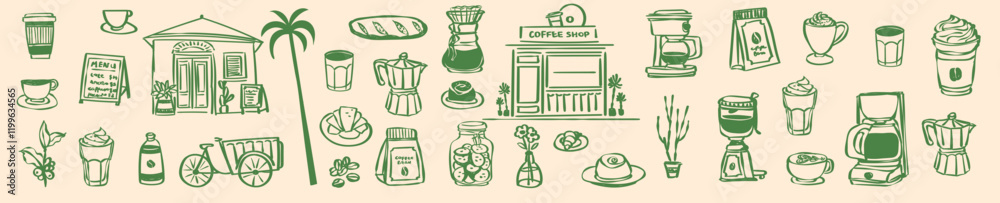 Hand Drawn Coffee Cup, Coffee Shop Clip Art Doodle Line Drawing Latte ...