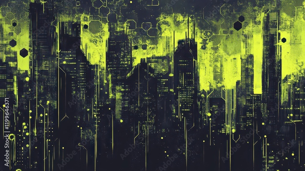 dystopian cityscape overlay pattern with hexagonal dots, neon circuit ...