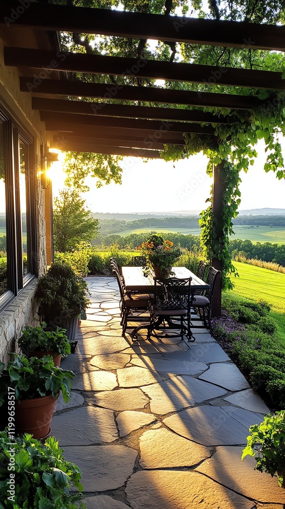 Rural patio design featuring flagstone paving, potted plants, and a ...