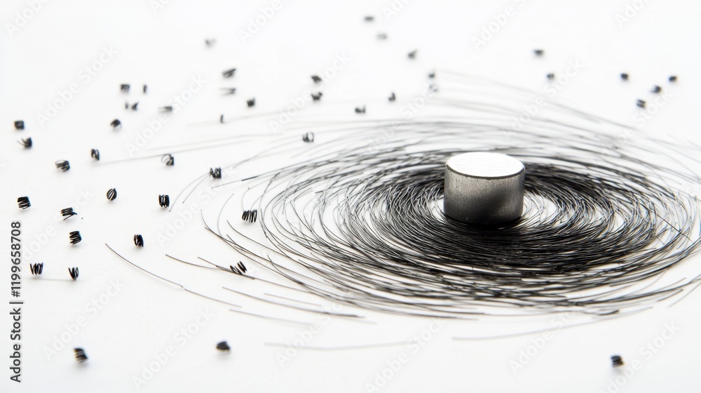 Iron filings forming circular patterns around a bar magnet on white ...