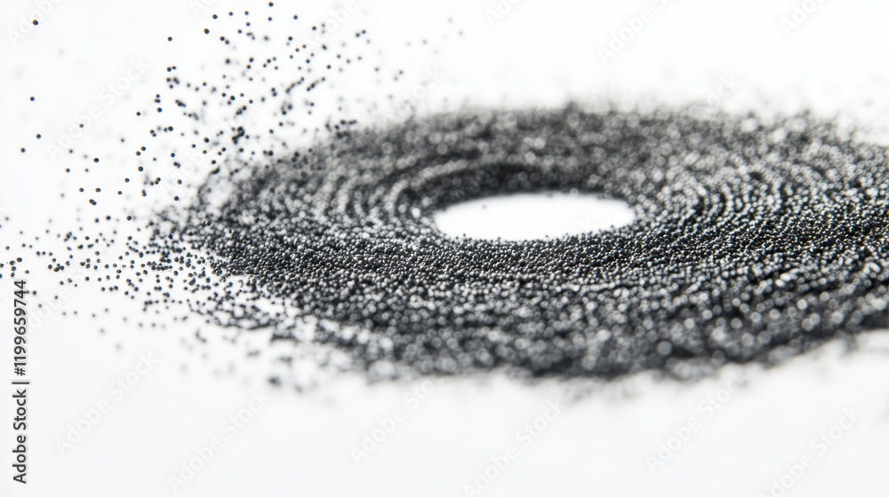 Iron filings forming circular patterns around a bar magnet on white ...