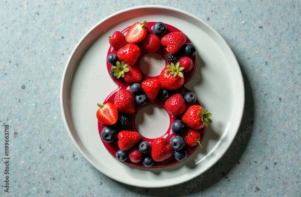 Number 8 made from different fruits and berries on a plate, flatlay ...
