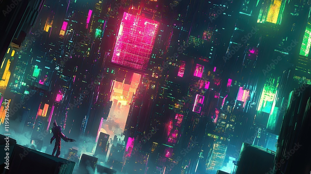 Abstract 2D shapes floating above a 3D urban landscape, vibrant and ...