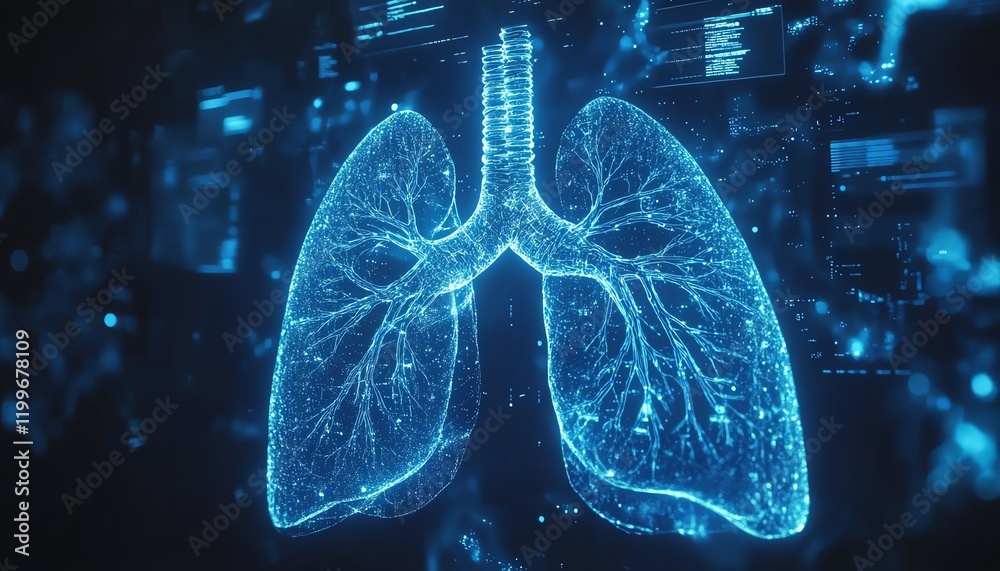 Human lungs glowing in blue with interactive data overlay, futuristic ...