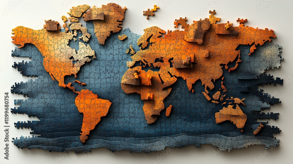 Colorful world map jigsaw puzzle unfinished on white background ...