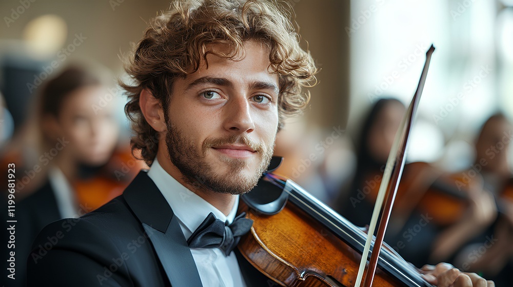 Symphonic orchestra performing classical music concert on stage with ...