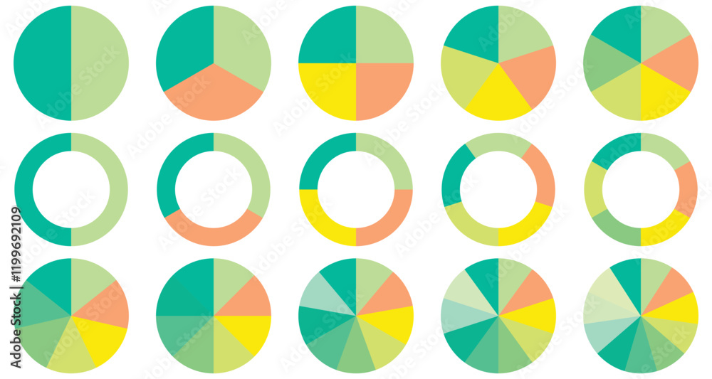 Set of Pie chart color wheel of business report infographic. Colorful Circle section graph and ...