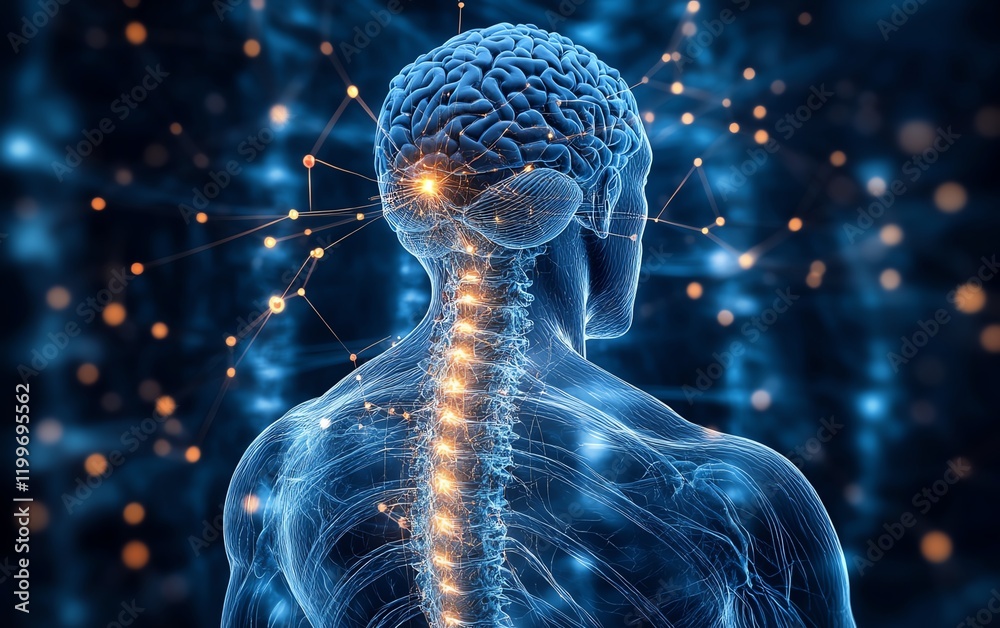 Human spinal cord and brain illustration with emphasis on the central nervous system, showing ...