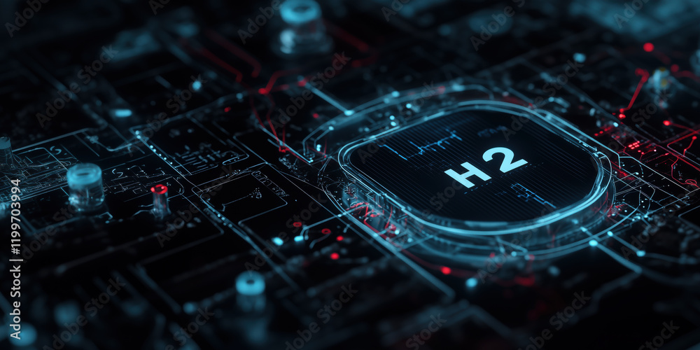 Futuristic hydrogen battery structure with H2 label and glowing circuit ...