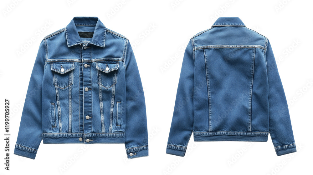 A sky blue denim jacket displayed front side and back side mockup ...
