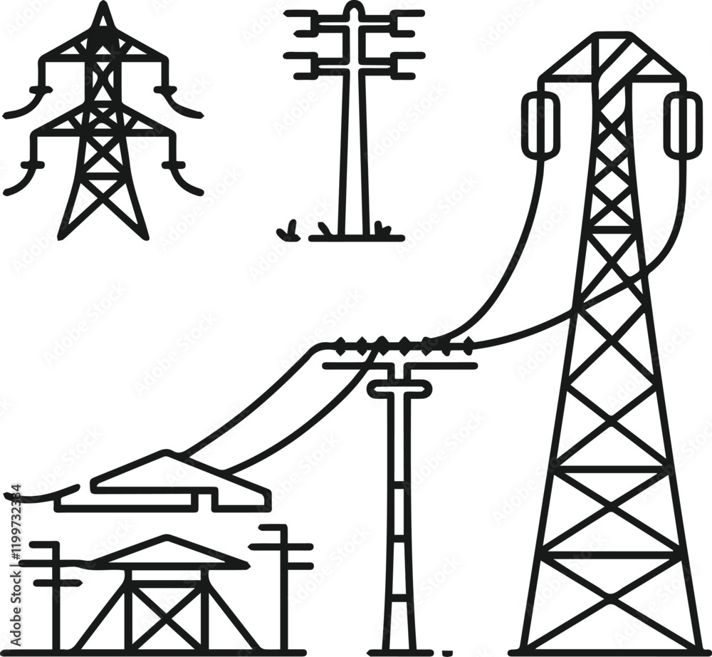 This line art graphic depicts various components of a power ...