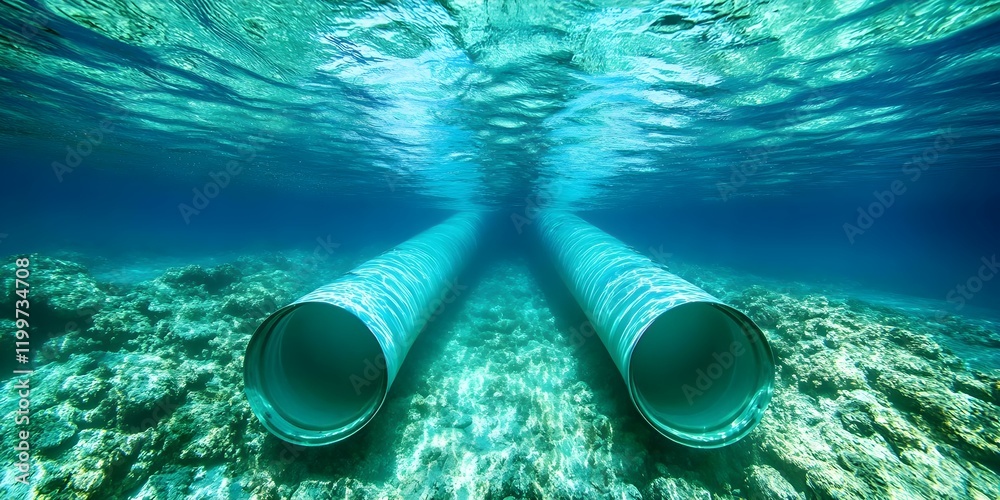 Two large underwater pipes extending across a coral reef with sunlight ...