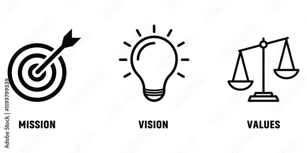 Mission, vision and values icon set. Organization mission vision values ...