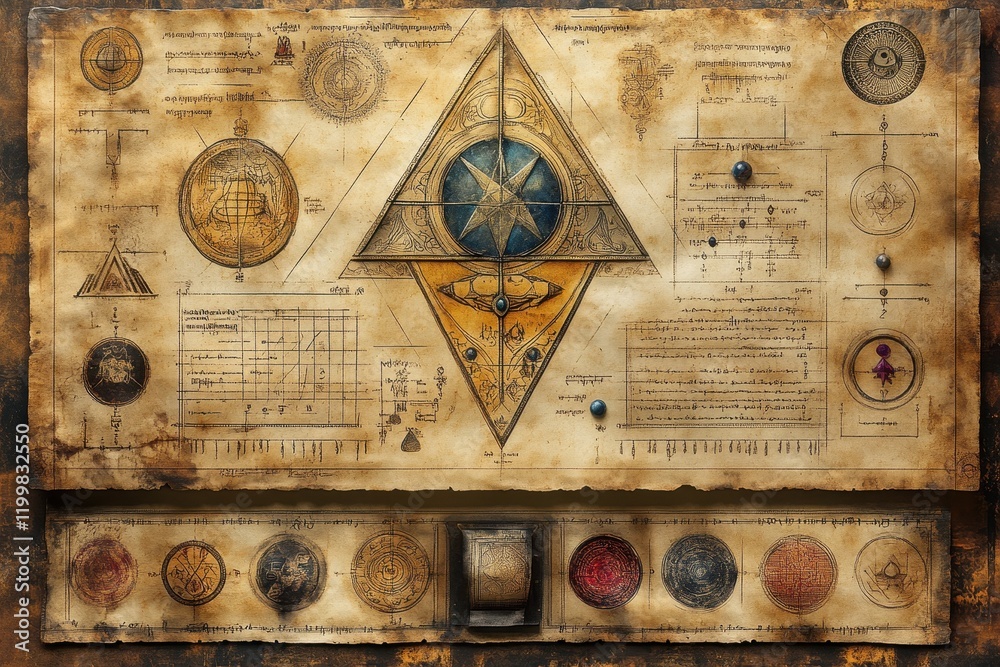 Ancient alchemical symbols and diagrams displayed on parchment from a ...