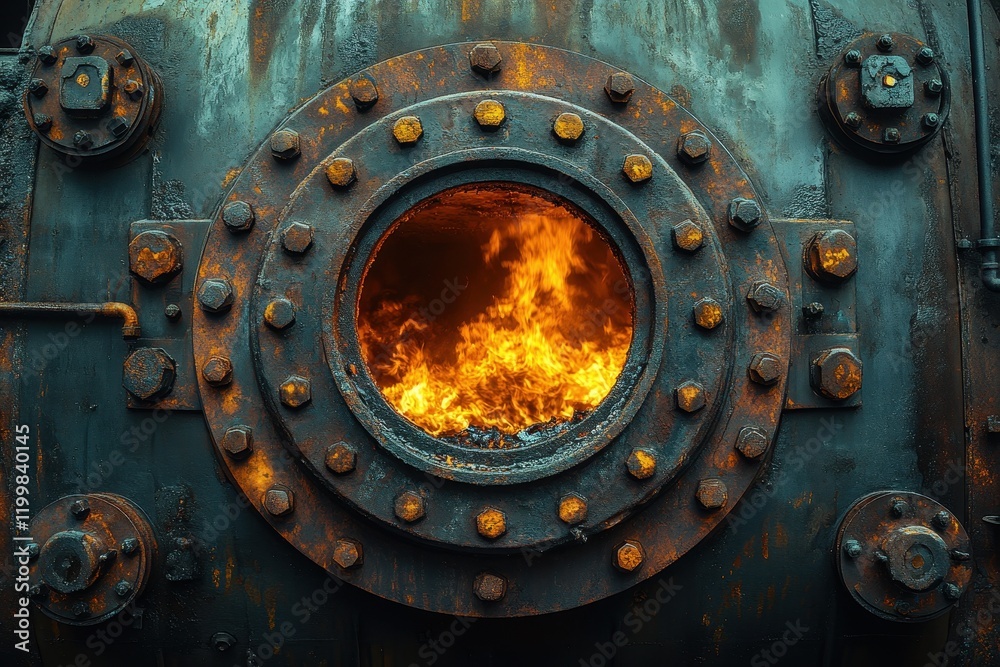 Industrial furnace with flames visible through a circular opening at an ...
