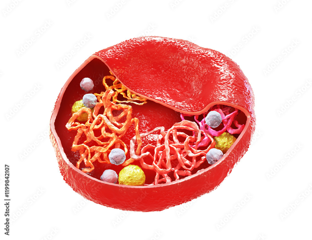The structure of hemoglobin in red blood cells. Heme groups, ? and ...