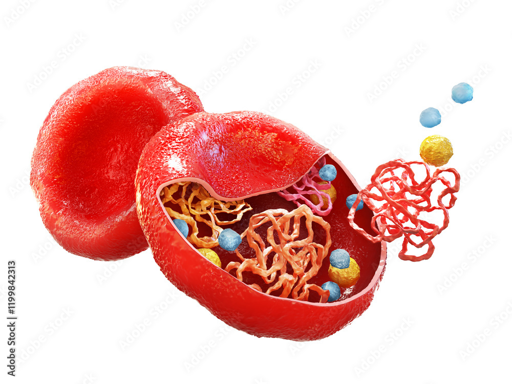 The structure of hemoglobin in red blood cells. Heme groups, ? and ...