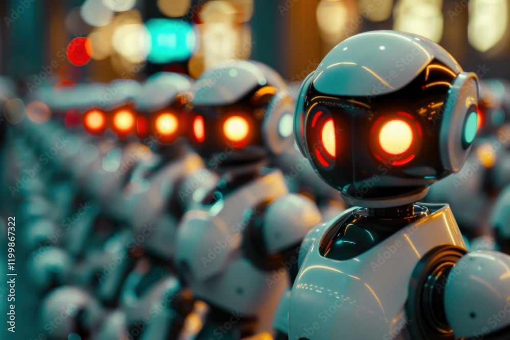 Army of robots with glowing red eyes standing in a row in a futuristic ...