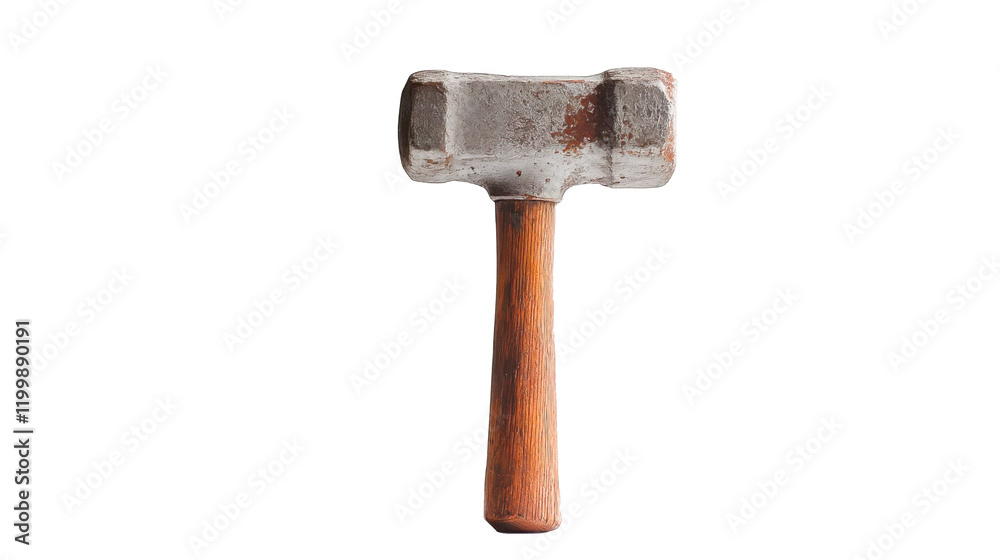 A rustic old hammer with a weathered wooden handle and worn metal head ...