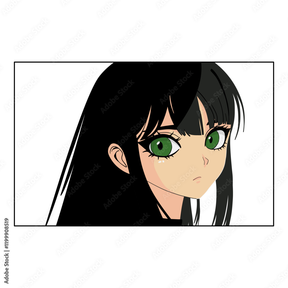 Manga girl face. Cute anime young woman portrait with big eyes, kawaii ...