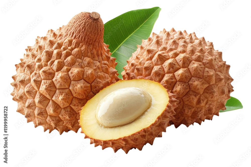 Fresh durians with exterior spiky shells and creamy flesh cut open ...
