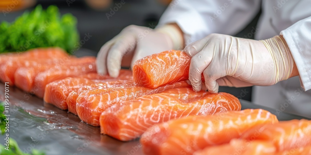 Ensuring food safety and quality worker inspecting vacuum-packed fish ...