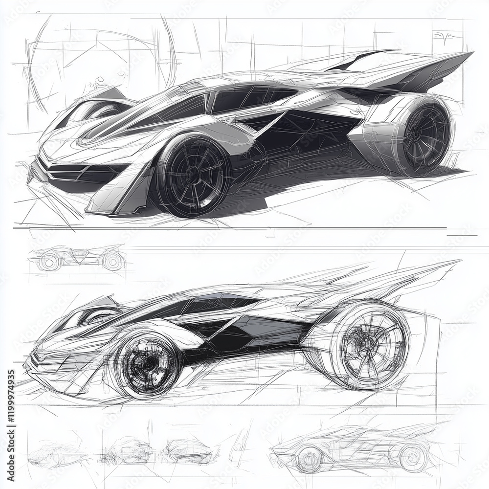 technical sketch CAD drawing futuristic supercar with detail and sketch ...