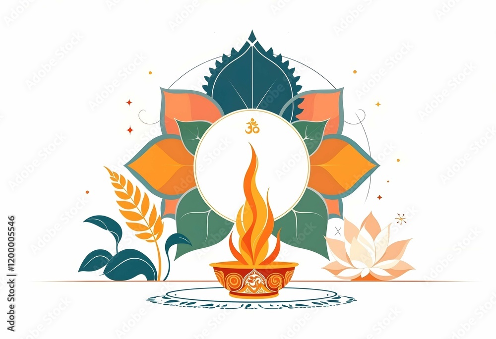 Sacred fire with geometric kolam ornament on white background. Hinduism ...