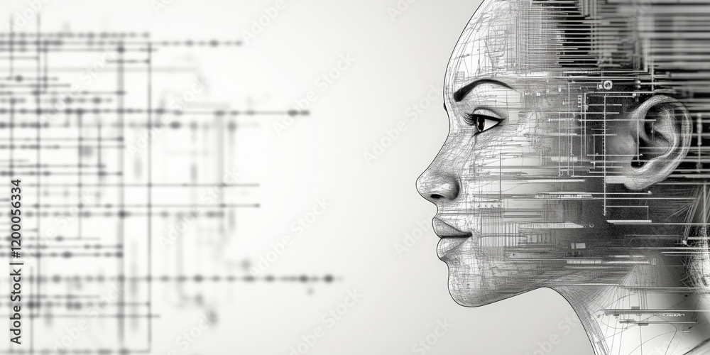 Woman's face side profile technical theme, women in science, technology ...